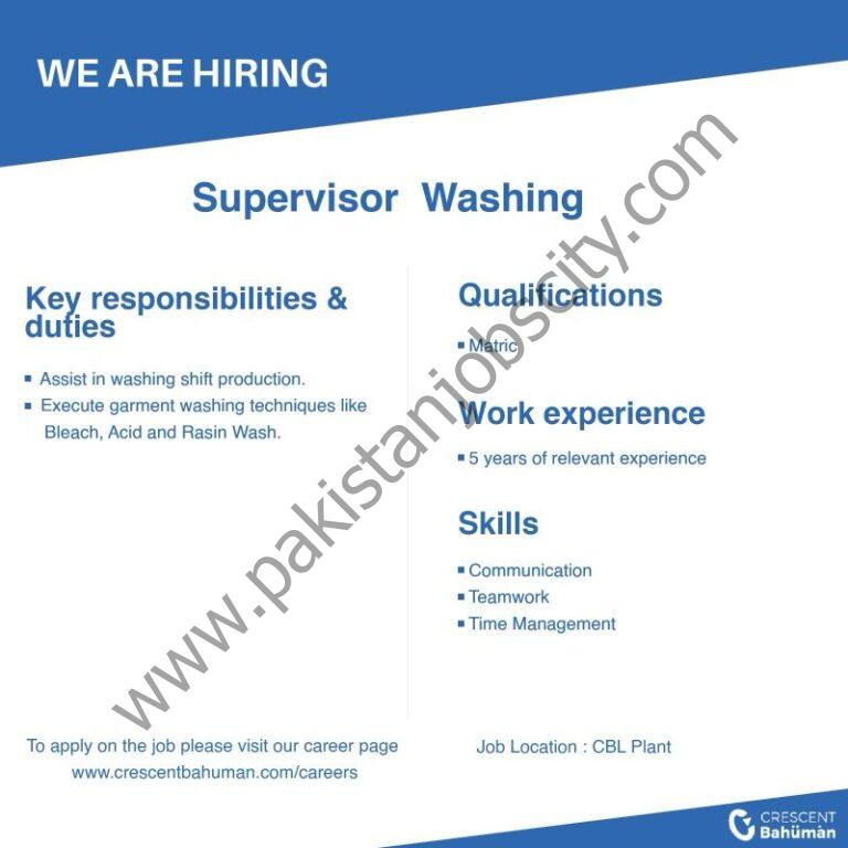 Crescent Bahuman Limited Jobs Supervisor Washing