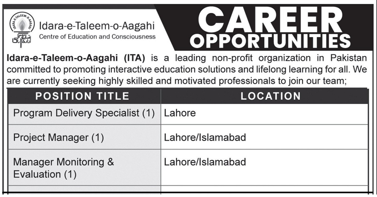 Idara e Taleem o Aagahi ITA Jobs August 2024
