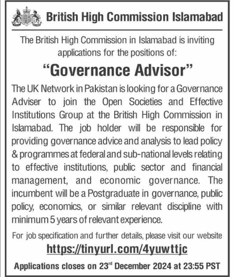 British High Commission Islamabad Jobs Governance Advisor