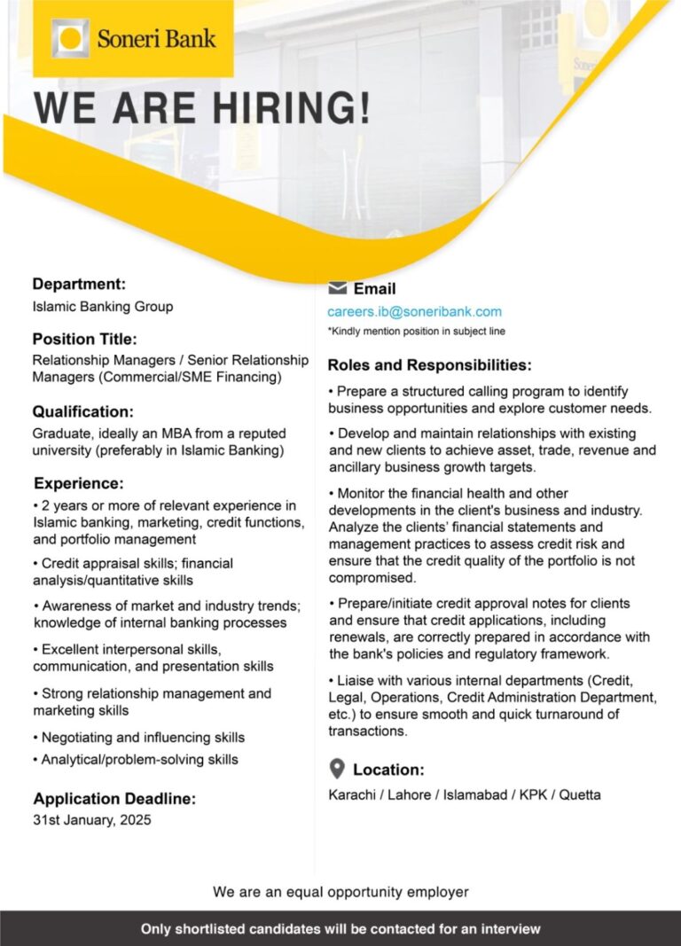 Soneri Bank Limited Jobs Relationship Managers / Senior Relationship ...