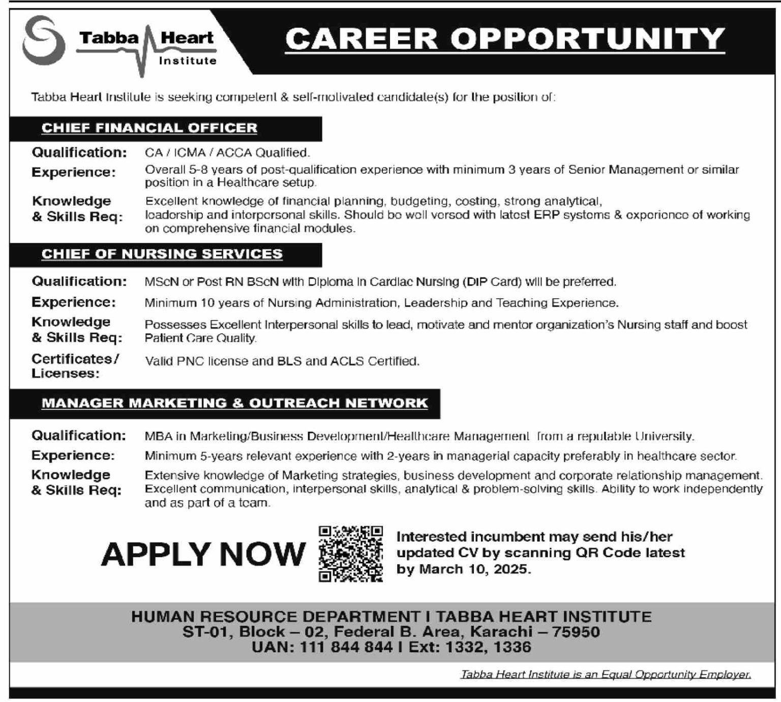 Tabba Heart Institute Jobs March 2025