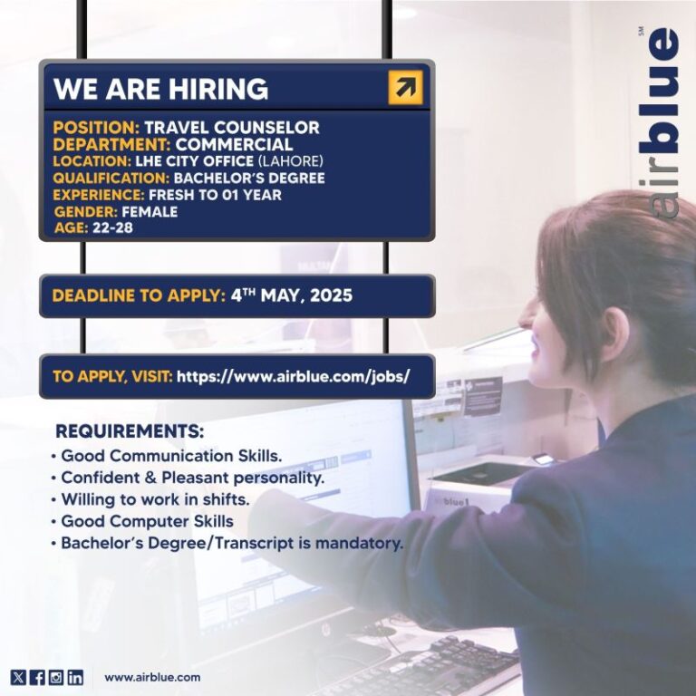 Airblue Pakistan Jobs Travel Counselor