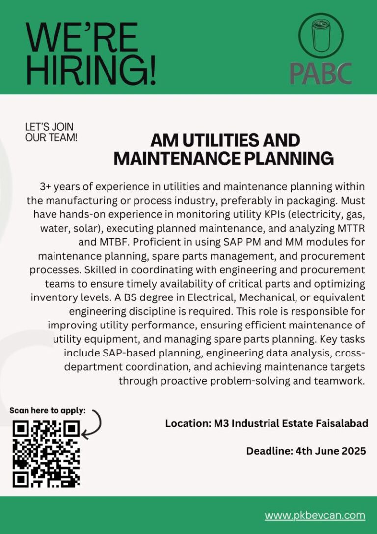 Pakistan Aluminium Beverage Cans PABC Jobs Utilities & Maintenance Planning