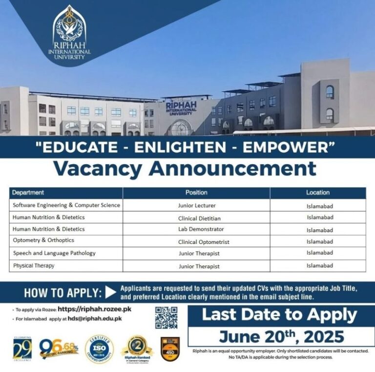 Riphah International University Jobs June 2025