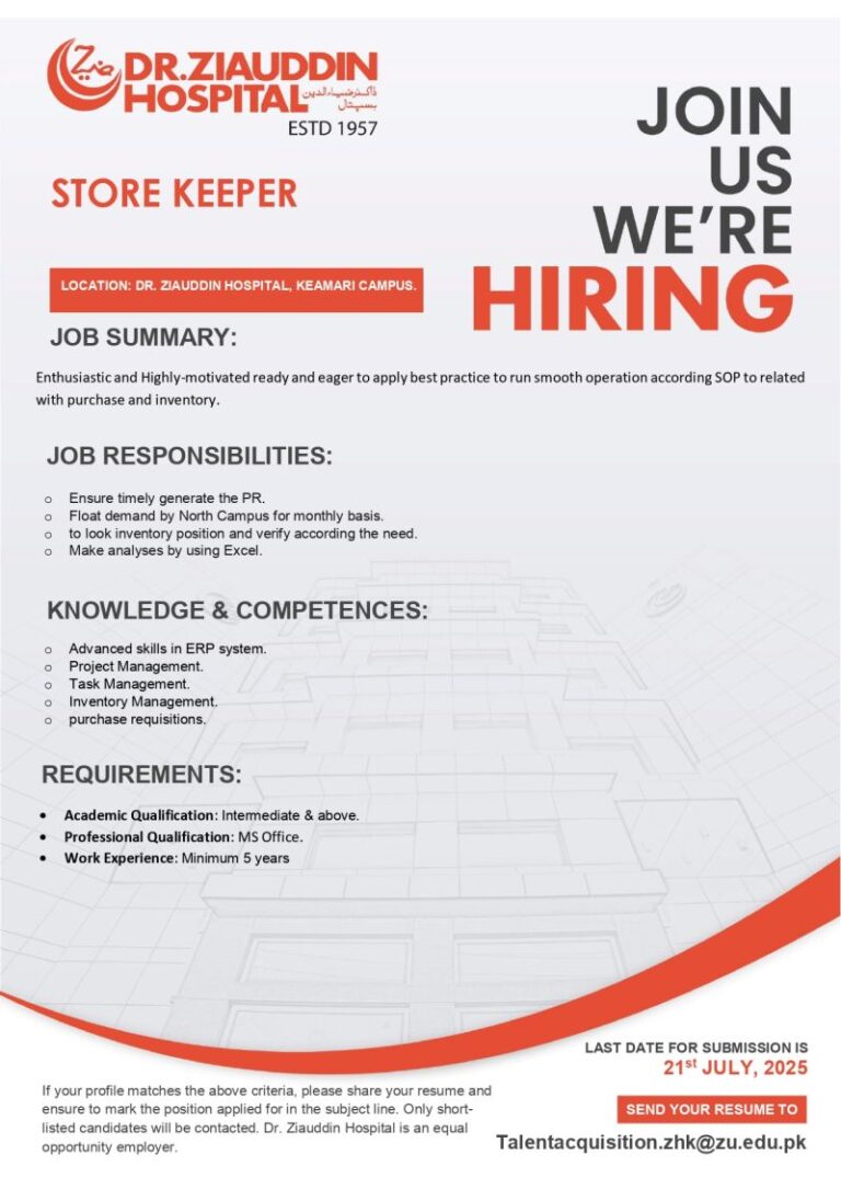 Dr Ziauddin Hospital Jobs Store Keeper