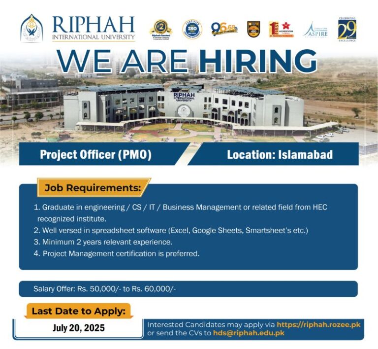 Riphah International University Jobs Project Officer (PMO)