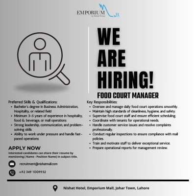 Emporium Mall Jobs Food Court Manager