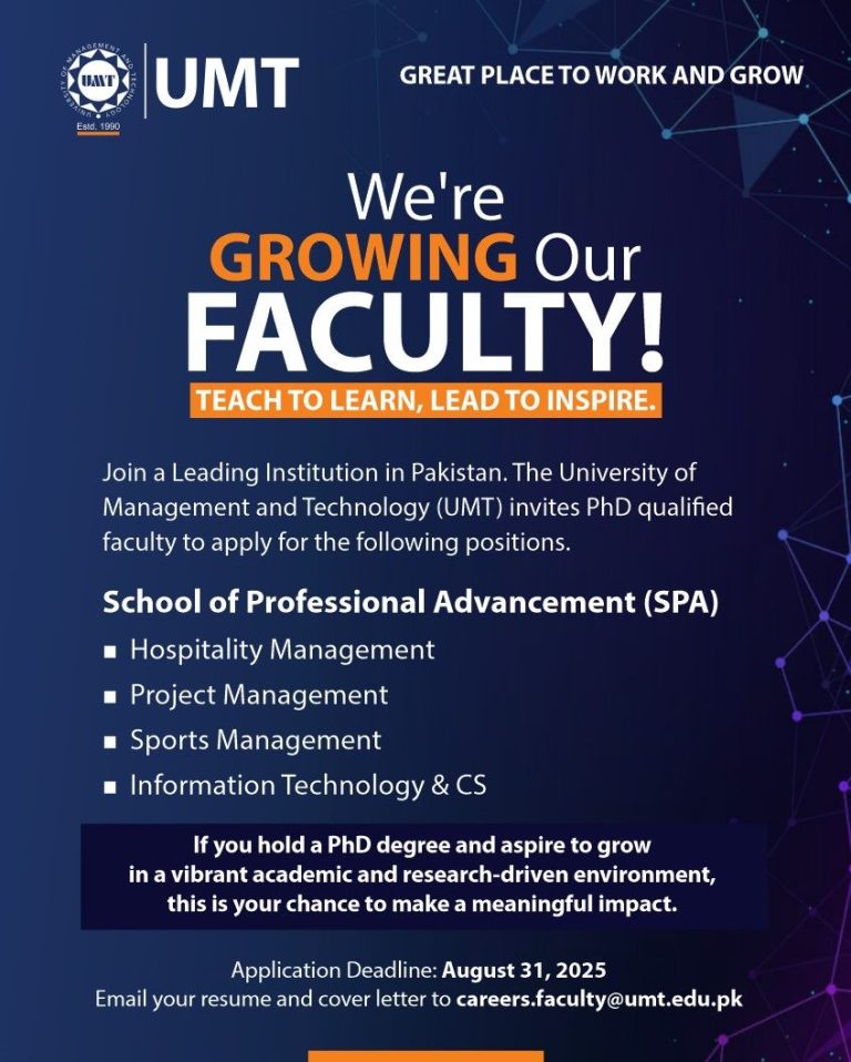University of Management & Technology UMT Jobs August 2025