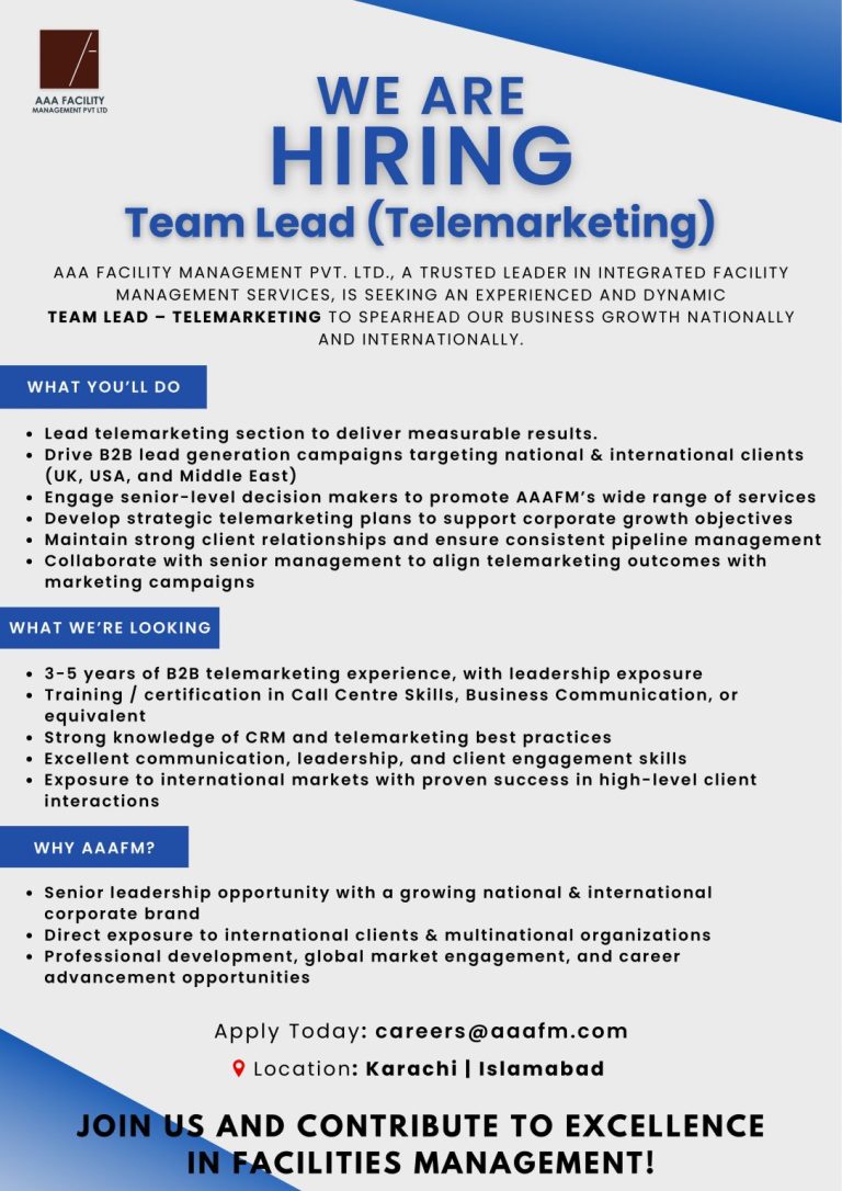AAA Facility Management Jobs Team Lead Telemarketing