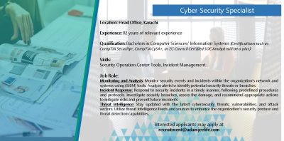Adamjee Life Insurance Company Jobs Cyber Security Specialist