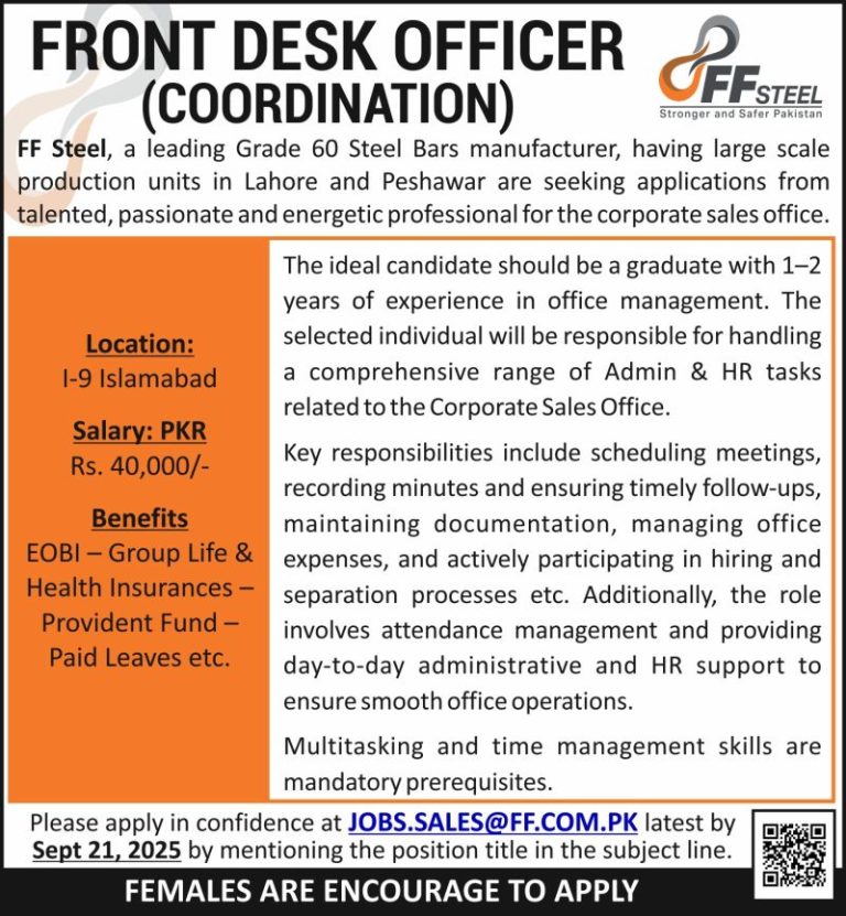FF Steel Jobs Front Desk Officer