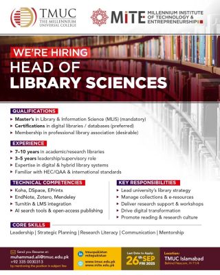 The Millennium Universal College TMUC Jobs Head of Library Sciences
