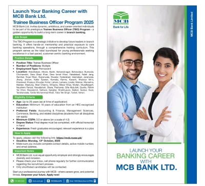 MCB Bank Limited Trainee Business Officers Program 2025