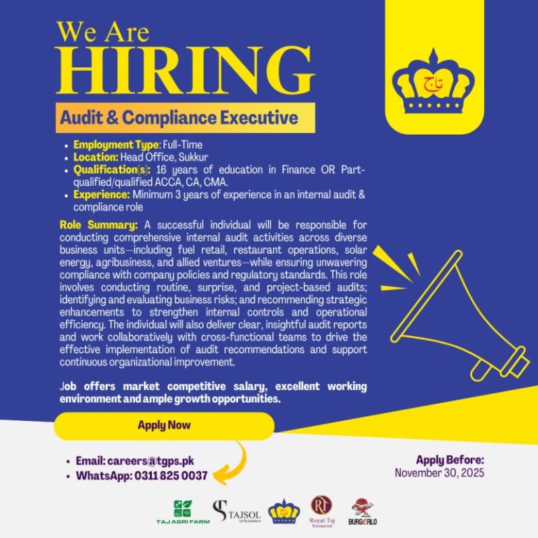 Taj Group of Petroleum Service Jobs Audit & Compliance Executive