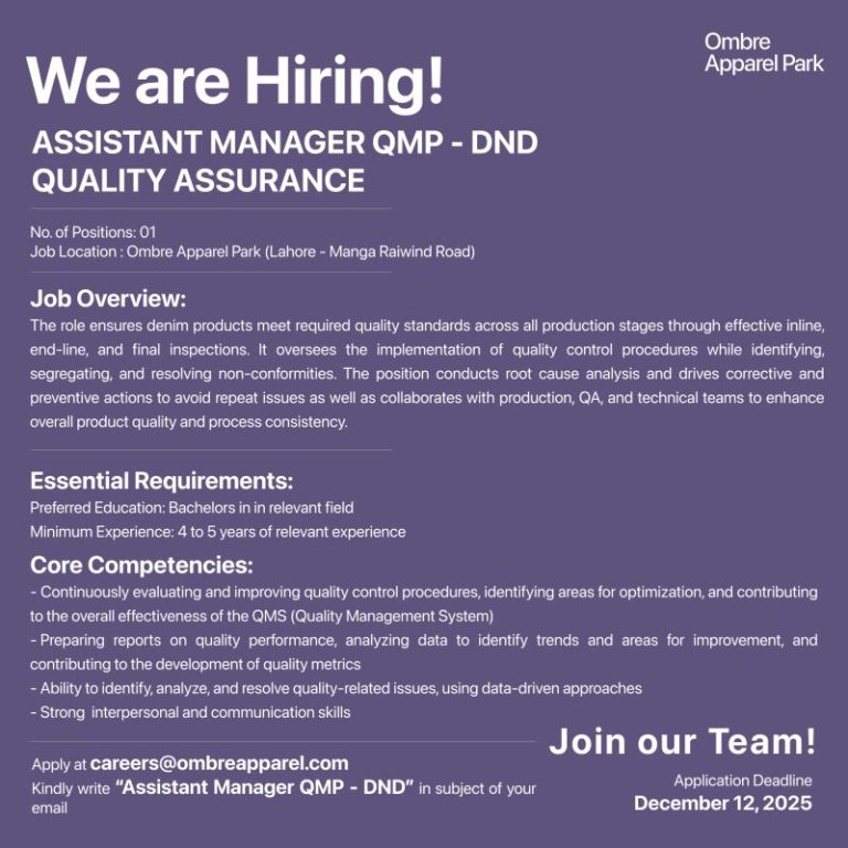Ombre Apparel Park Jobs Assistant Manager QMP DND Quality Assurance