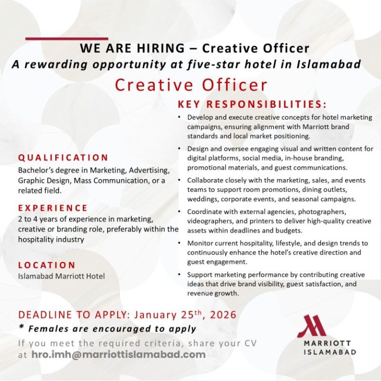Islamabad Marriott Hotel Jobs Creative Officer