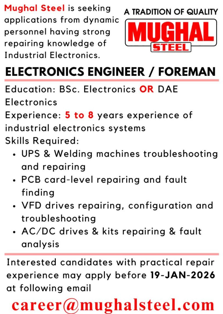 Mughal Steel Jobs Electronics Engineer / Foreman