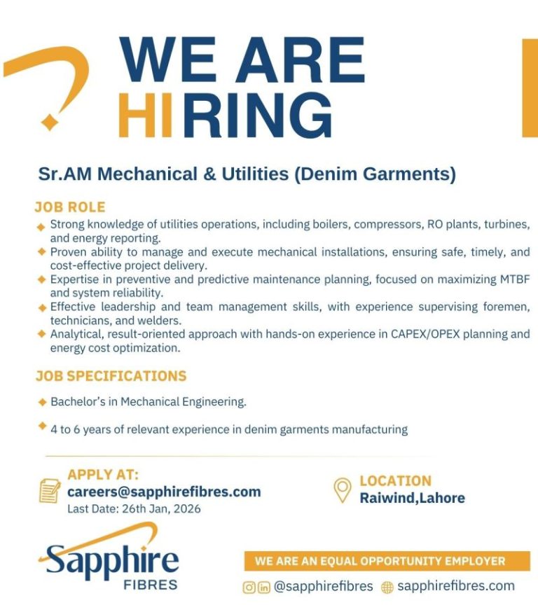 Sapphire Fibres Limited Jobs Sr AM Mechanical & Utilities