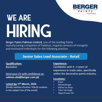Berger Paints Pakistan Jobs February 2026