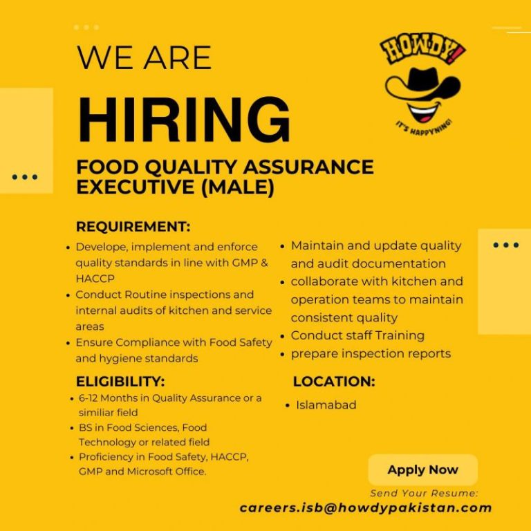 HOWDY Pakistan Jobs Food Quality Assurance Executive