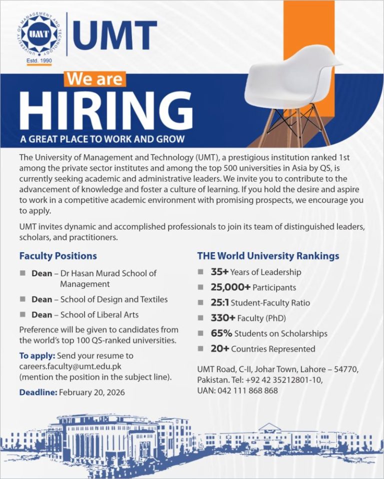 University of Management & Technology UMT Jobs February 2026