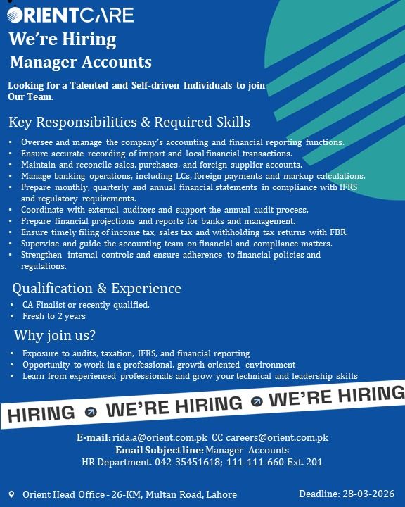 Orient Care Jobs Manager Accounts
