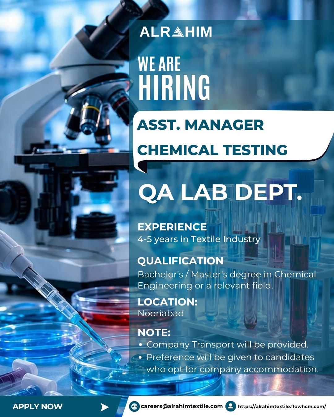 Al Rahim Textile Industries Jobs Assistant Manager Chemical Testing