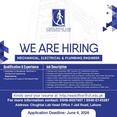 Chughtai Lab Jobs Mechanical Electrical & Plumbing (MEP) Engineer