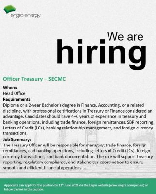Engro Energy Limited Jobs Officer Treasury