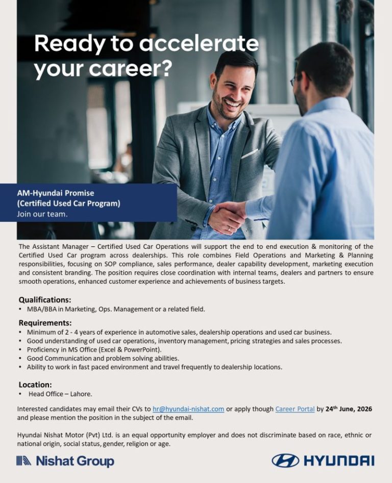 Hyundai Nishat Motor Pvt Ltd Jobs Assistant Manager Certified Used Car ...