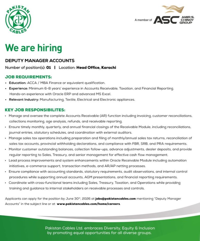 Pakistan Cables Limited Jobs Deputy Manager Accounts