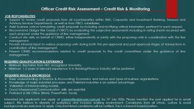 Pak Brunei Investment Company Jobs Officer Credit Risk Assessment