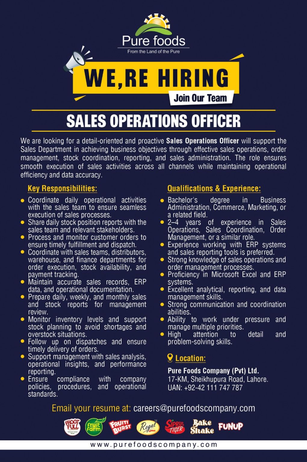 Pure Foods Company Jobs Sales Operations Officer