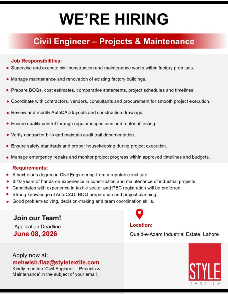 Style Textile Pvt Ltd Jobs Civil Engineer