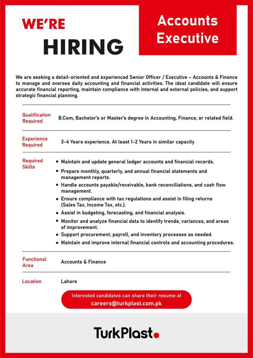 TurkPlast Pvt Ltd Jobs Accounts Executive